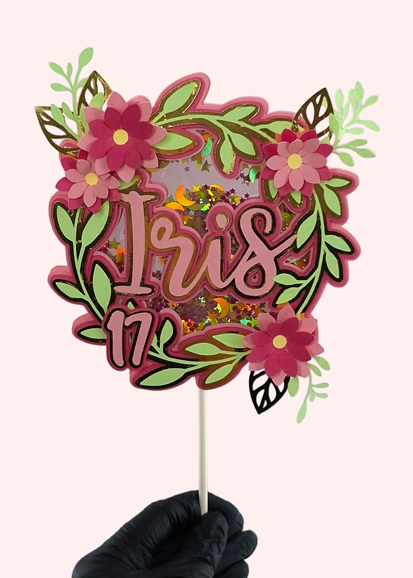Customisable pink wreath cake topper name and age – The Cherry On Topper